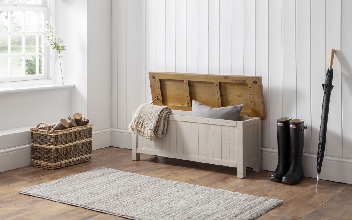 Gray wood storage bench store